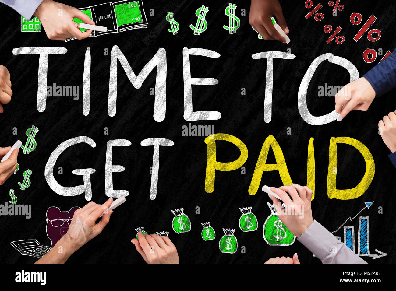 Hands Drawing Time To Get Paid On Blackboard Stock Photo - Alamy