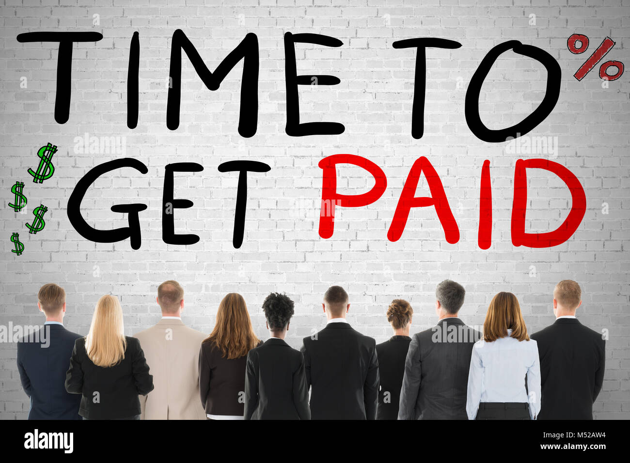 Group Of Diverse People Looking At Time To Get Paid Words Stock Photo ...