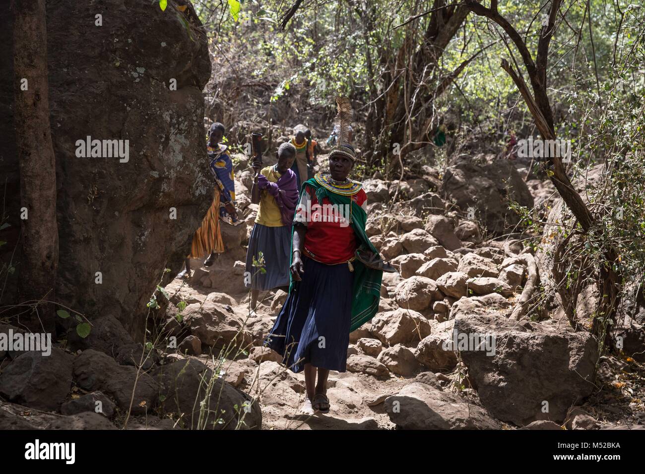 Pokot women walk through forest on the Kadam Mountains in Karamoja ...