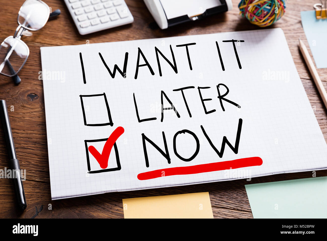 In Want It Now Words In Notepad Stock Photo - Alamy