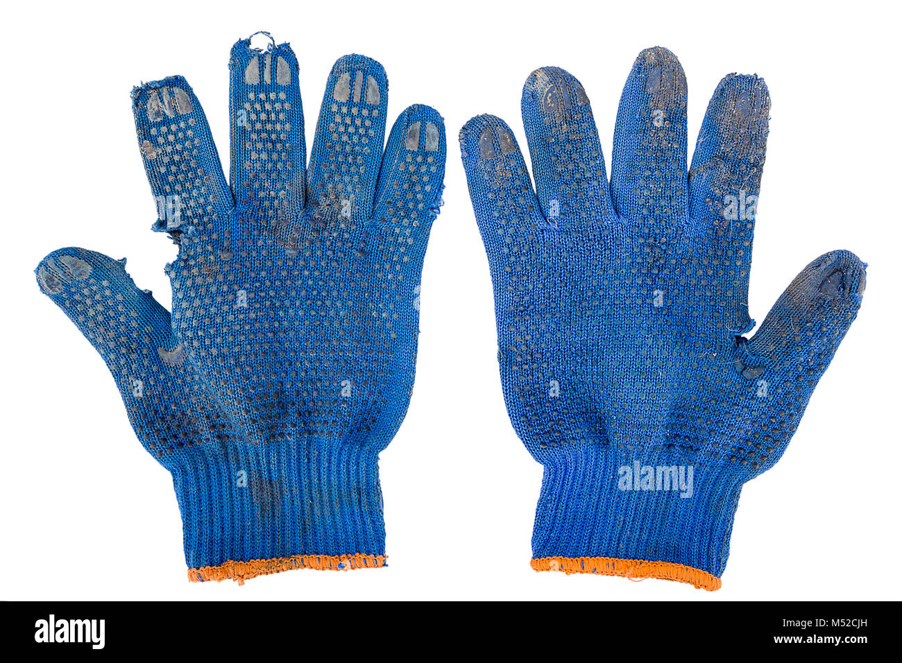 a pair of torn blue gloves on a white background Stock Photo - Alamy