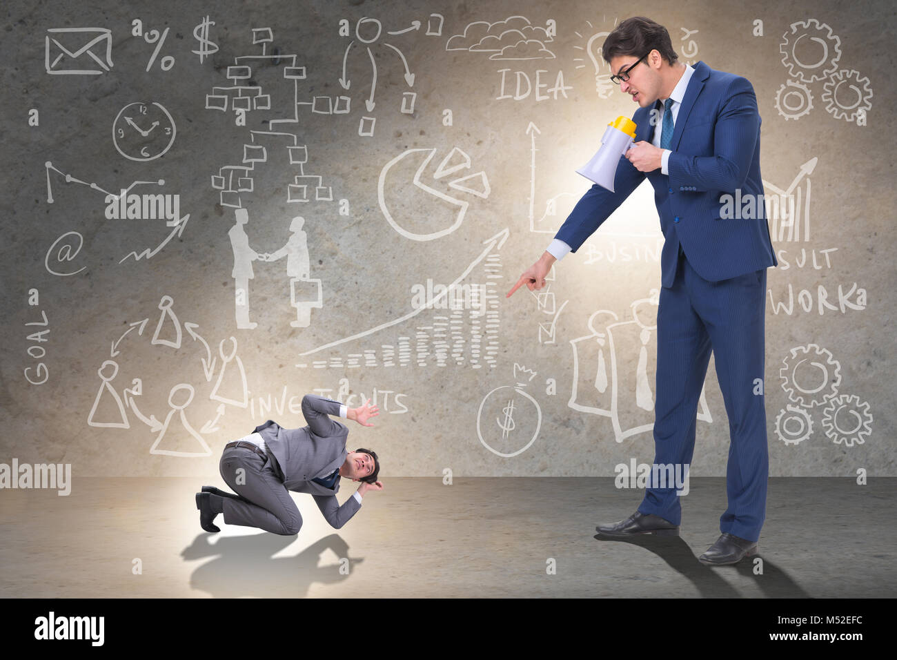 Bad angry boss shouting at employee with loudspeaker Stock Photo - Alamy