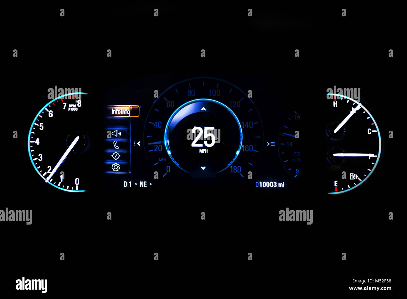 Modern light car mileage on black background Info 25 mph Stock Photo ...