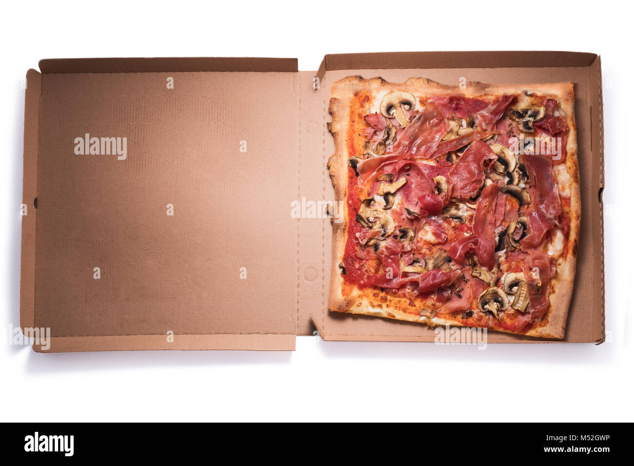 Opened pizza box with tasty pizza isolated on white background Stock ...