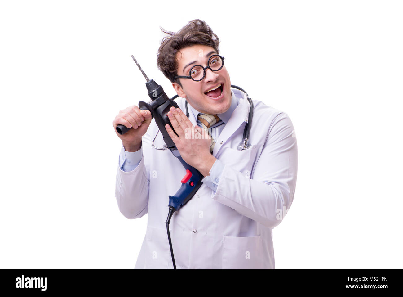 Funny doctor with drill isolated on white Stock Photo - Alamy