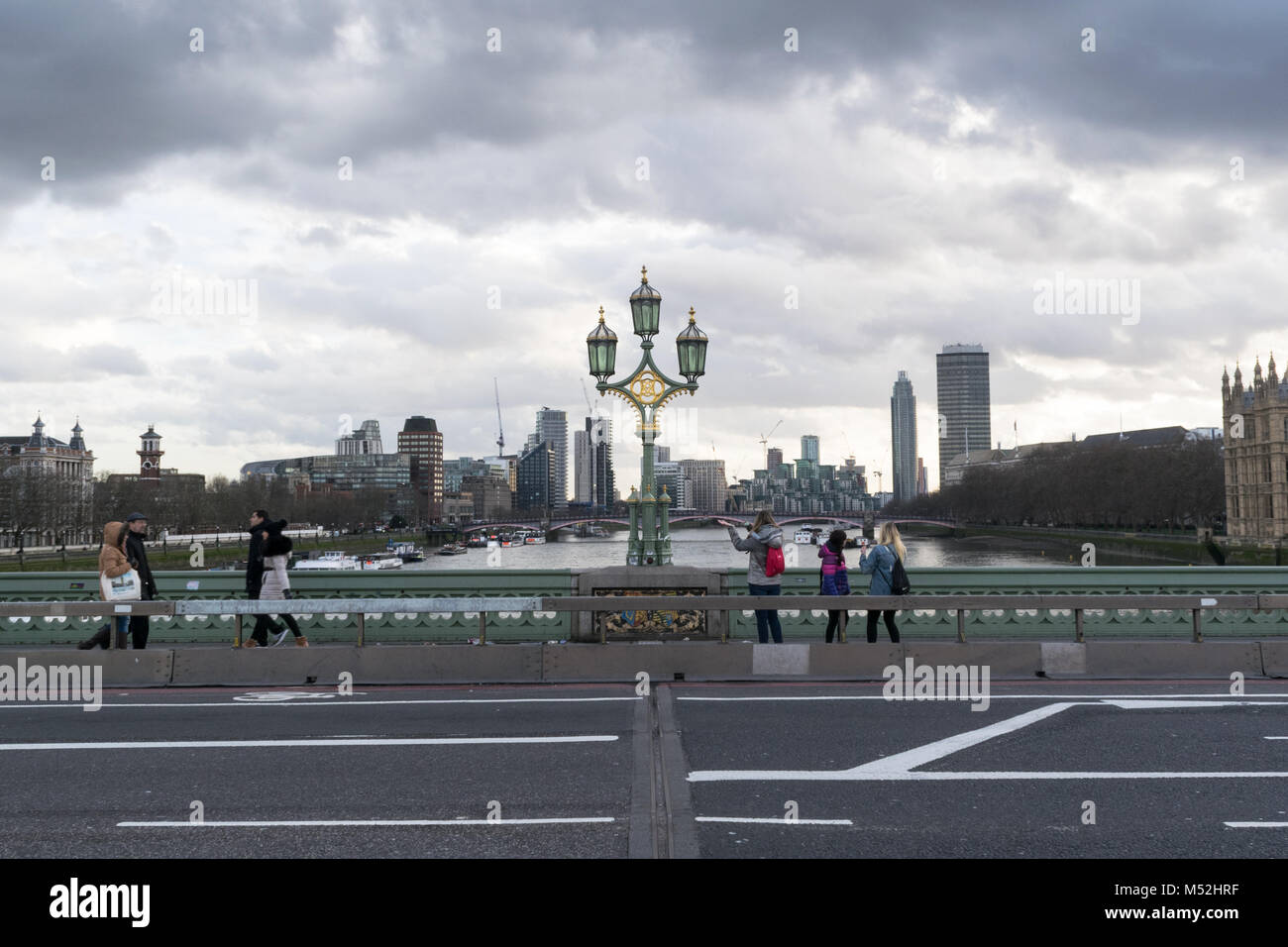On top of Westminster Bridge in London looking out over the river ...