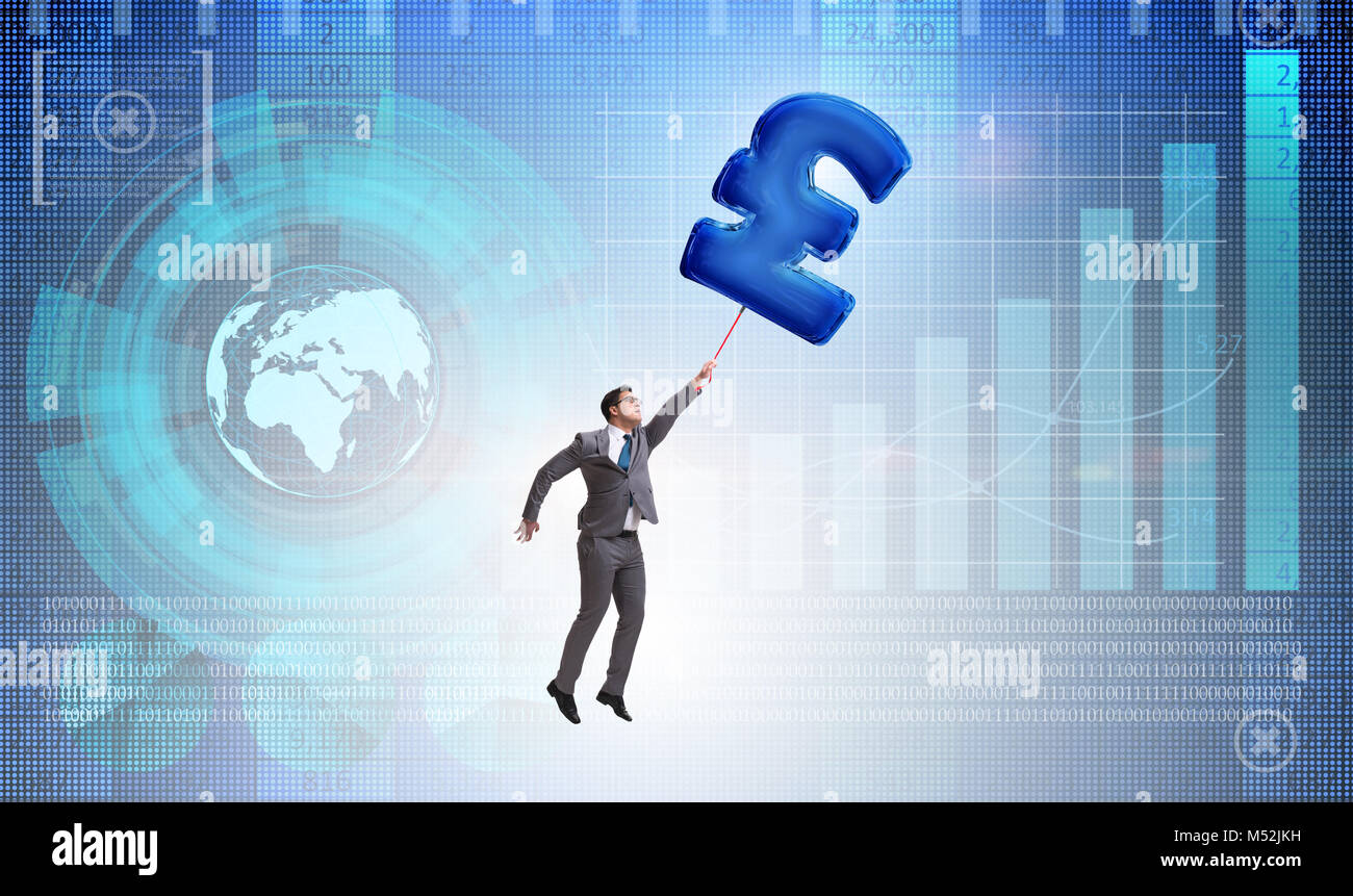 Businessman flying on british pound sign inflatable balloon Stock Photo ...
