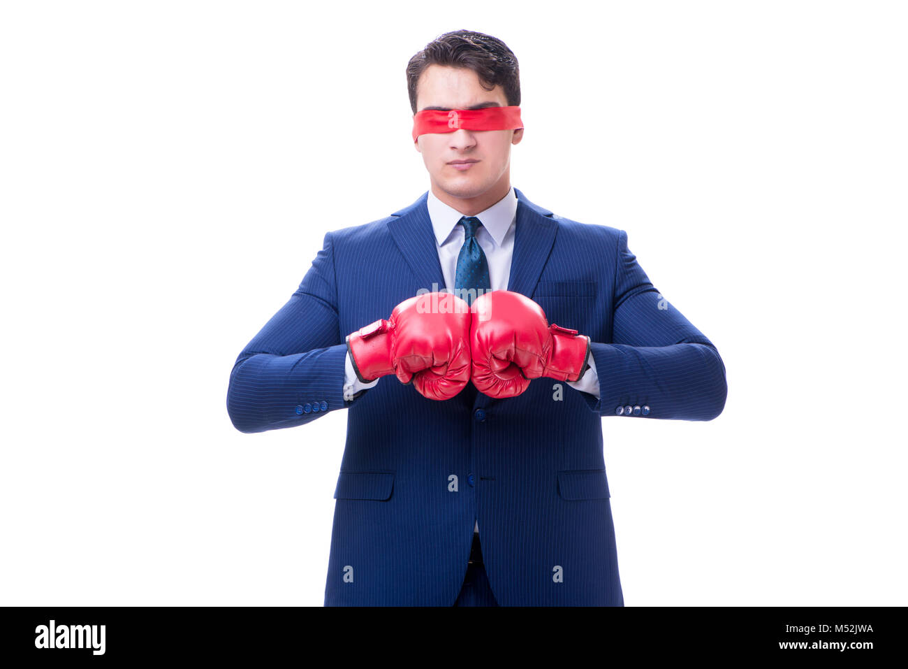 Lawyer with blindfold wearing boxing gloves isolated on white Stock ...