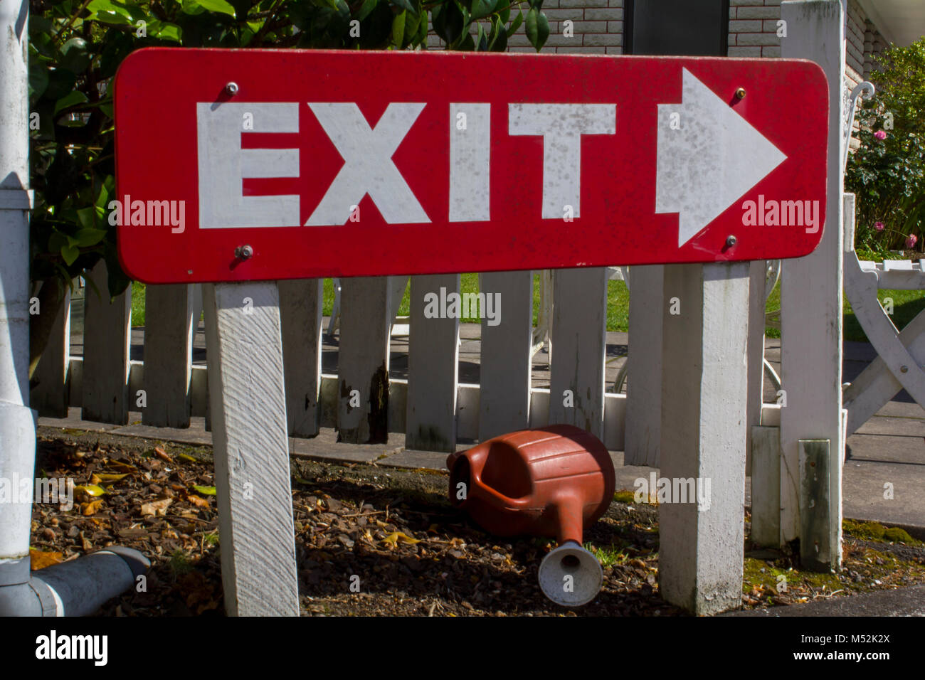 Exit Red Sign in garden Stock Photo - Alamy