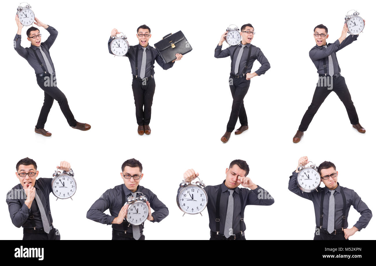 Funny businessman with clock isolated on white Stock Photo - Alamy