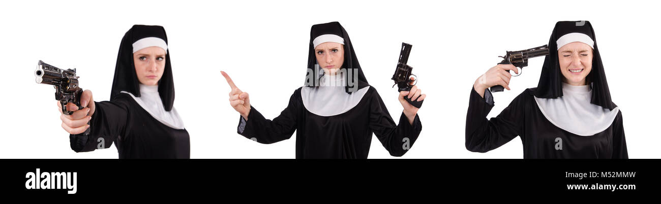 Aiming young nun with gun isolated on white Stock Photo - Alamy