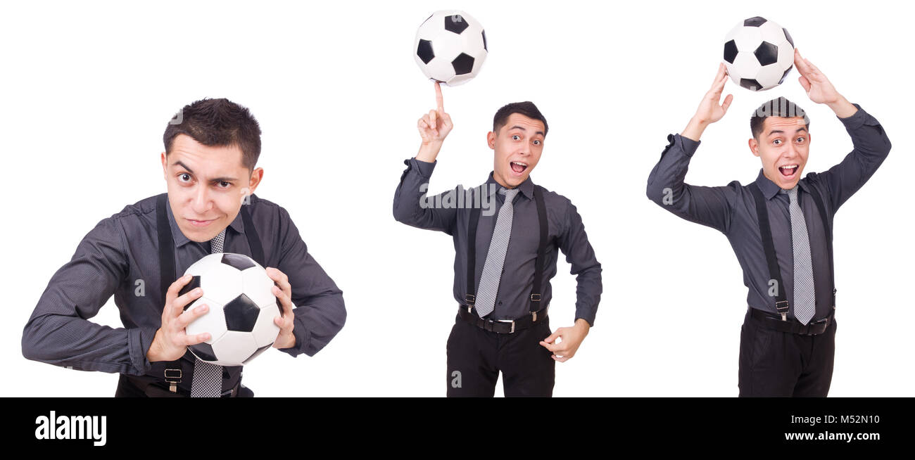 Funny man with football isolated on white Stock Photo - Alamy