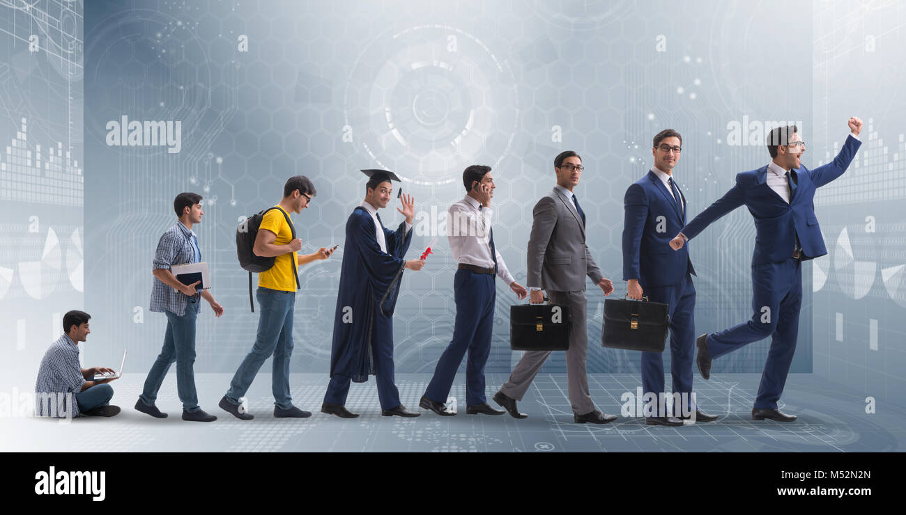 Business concept with man progressing through stages Stock Photo - Alamy