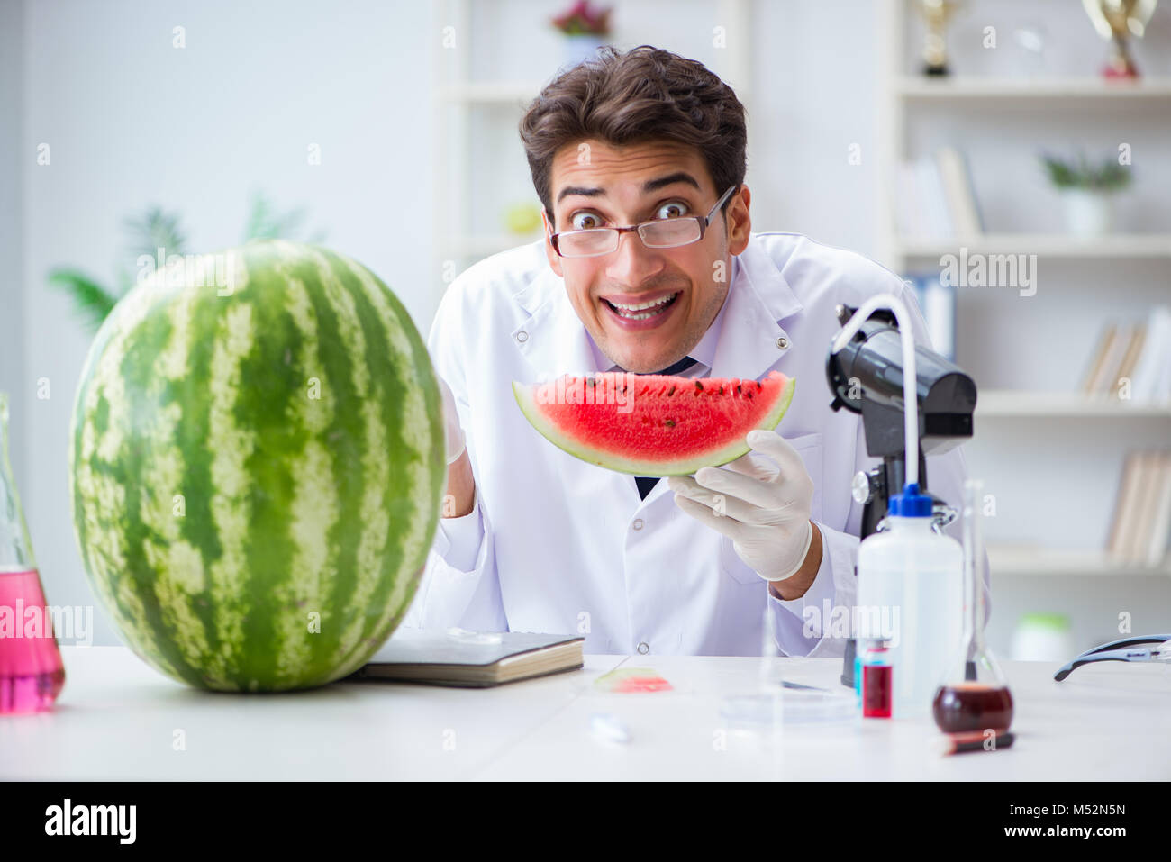 Scientist testing watermelon in lab Stock Photo - Alamy