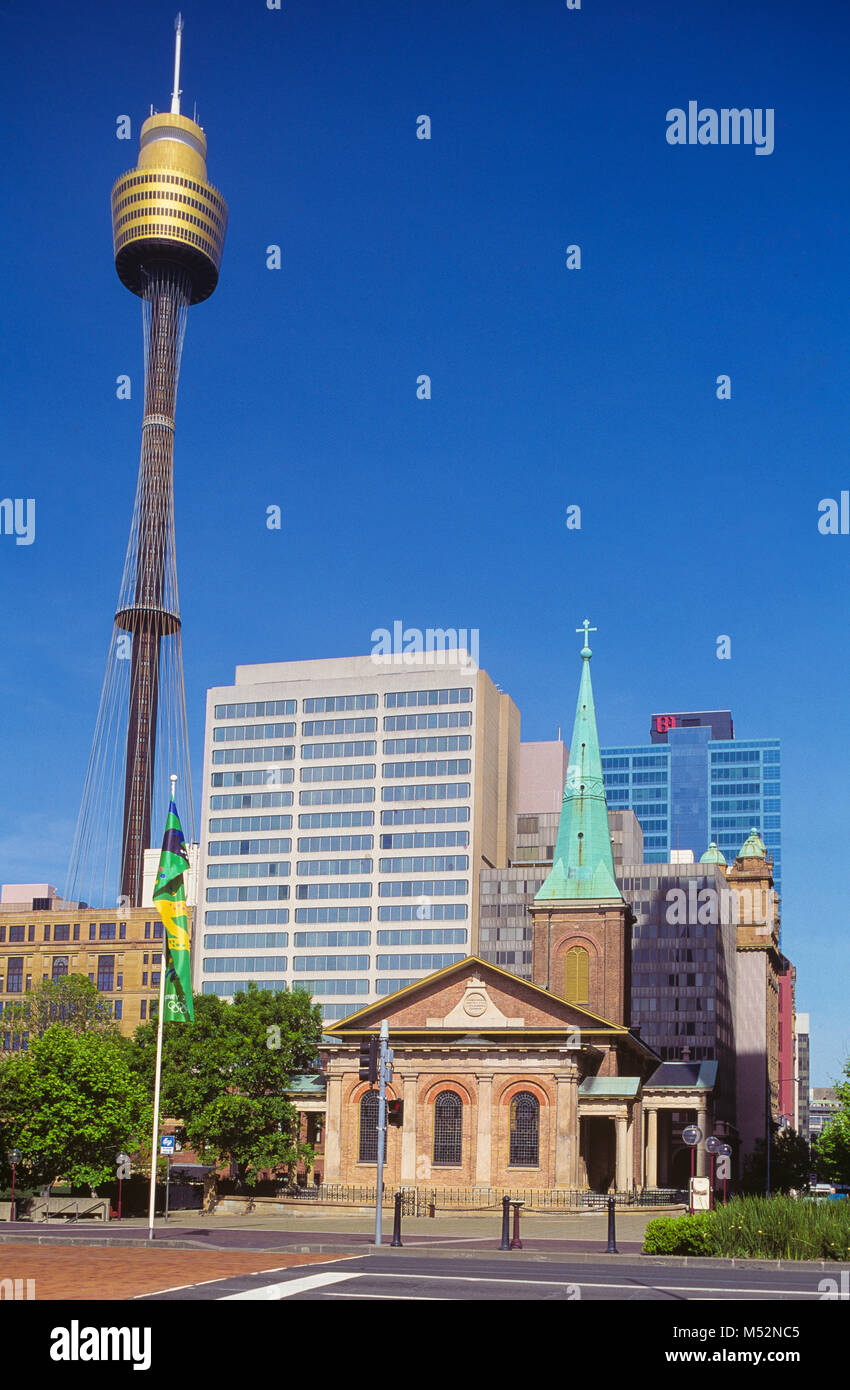 Sydney Tower and Sydney highrise buildings seen from Queens Square on ...
