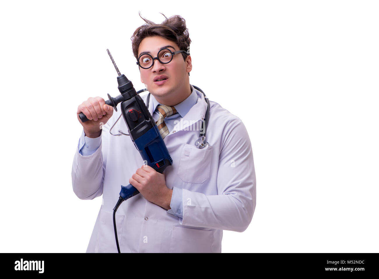Funny doctor with drill isolated on white Stock Photo - Alamy