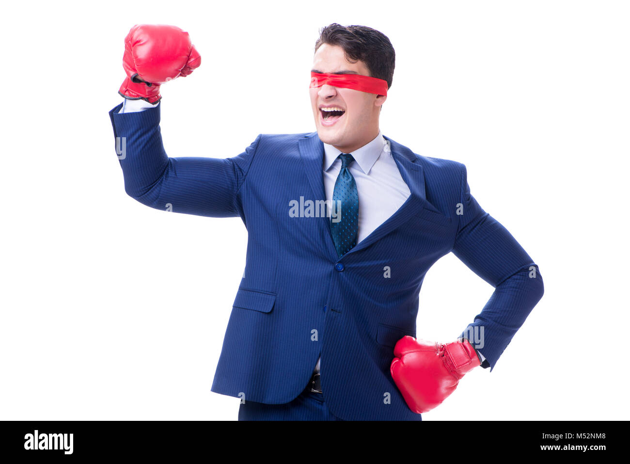 Lawyer with blindfold wearing boxing gloves isolated on white Stock ...