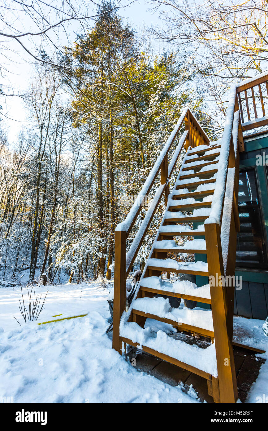 Stairs covered snow house in suburbs in winter time Stock Photo - Alamy
