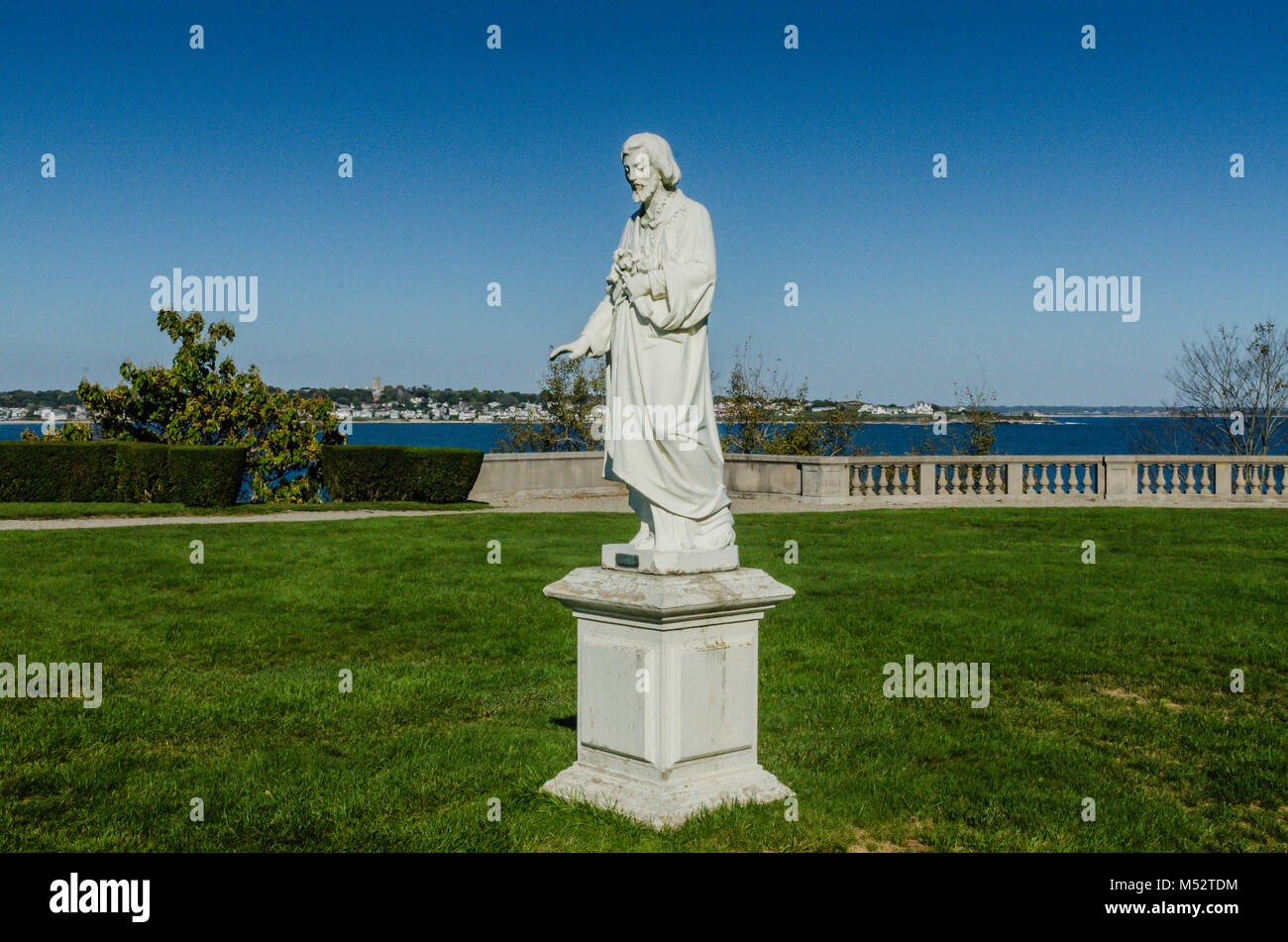 Statue on Salve Regina University campus along Cliff Walk in Newport ...