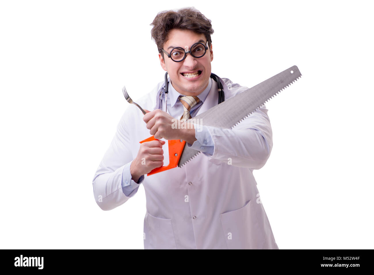Funny doctor with saw isolated on white Stock Photo - Alamy