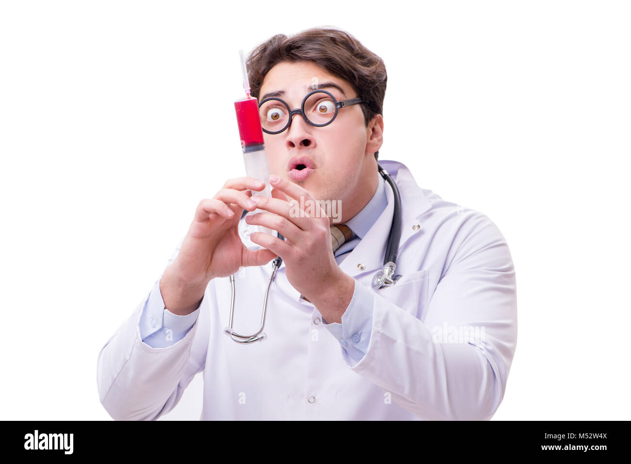 Funny doctor with syringe isolated on white Stock Photo - Alamy
