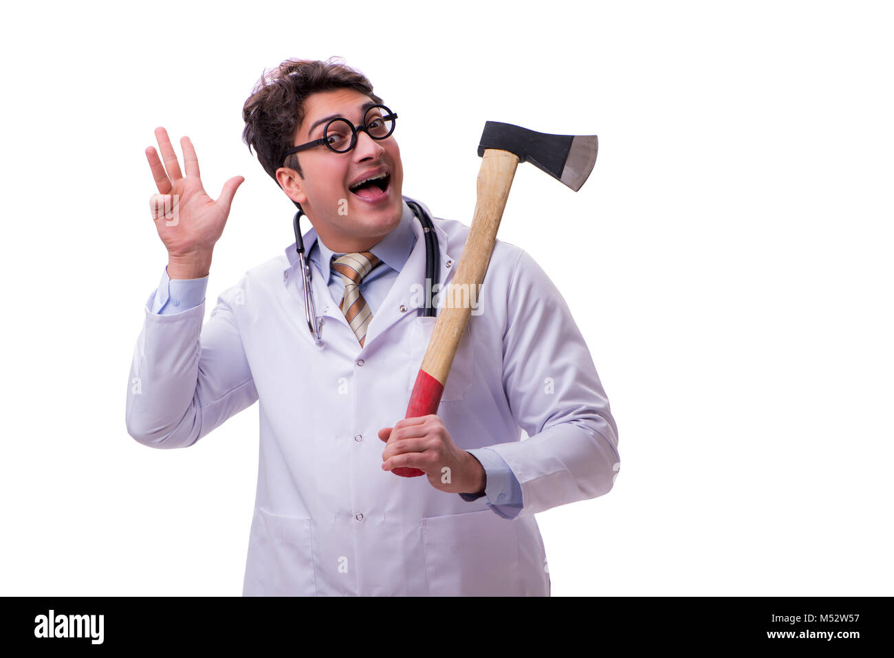 Funny doctor with axe isolated on white Stock Photo - Alamy