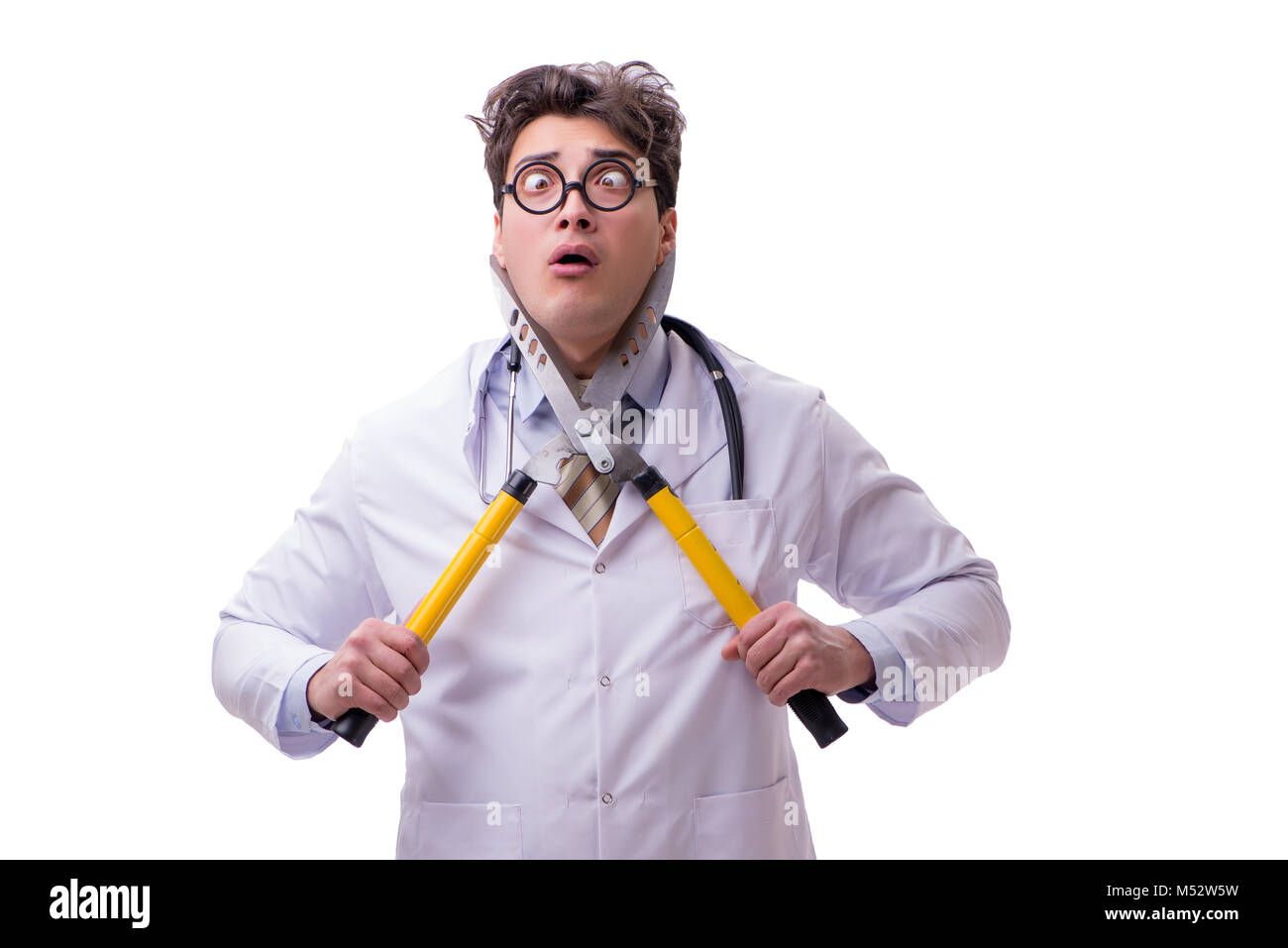 Funny doctor with shears isolated on white Stock Photo - Alamy