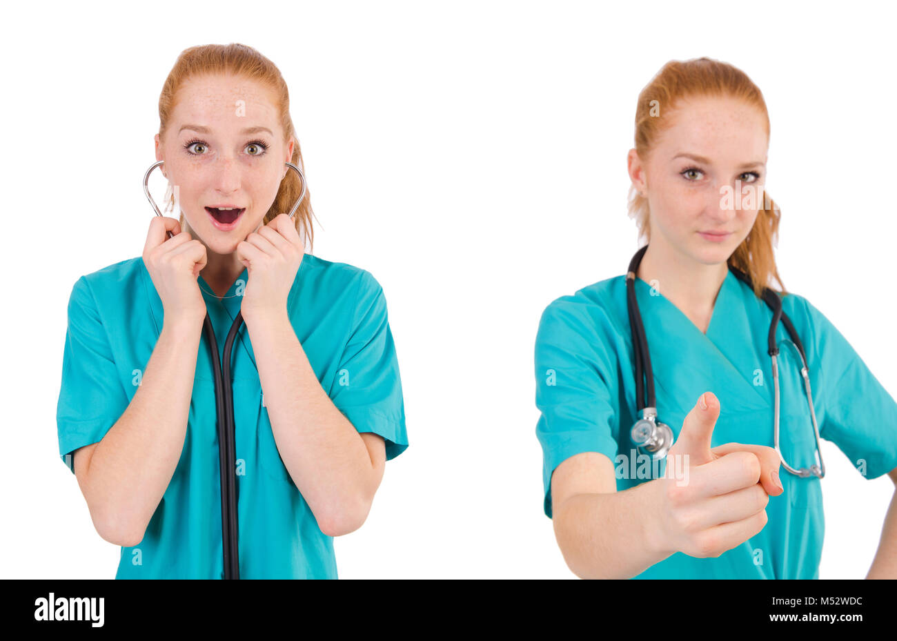 Young medical trainee with stethoscope isolated on white Stock Photo ...