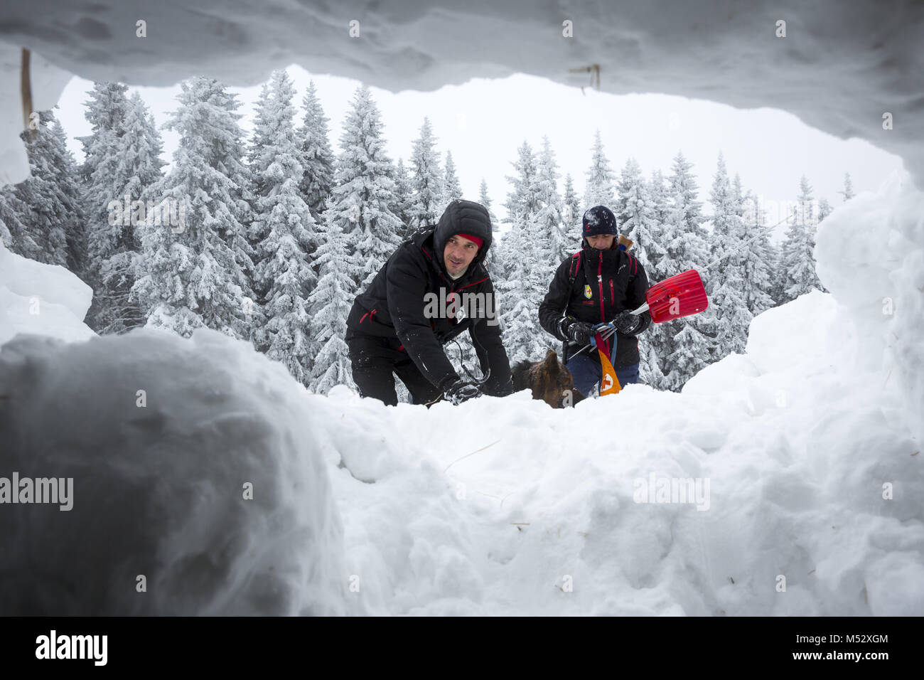 Red Cross rescuers through snow hole Stock Photo - Alamy