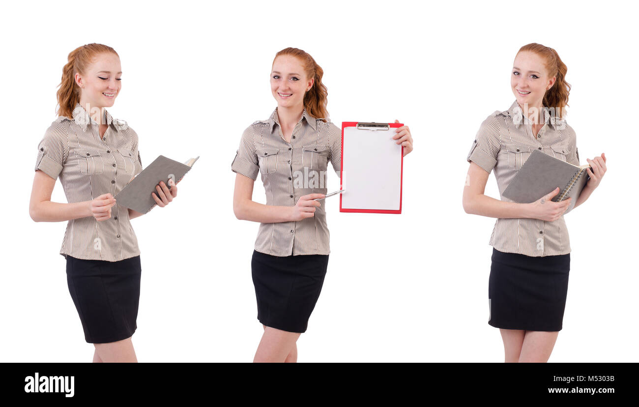 Pretty young employee with paper isolated on white Stock Photo - Alamy