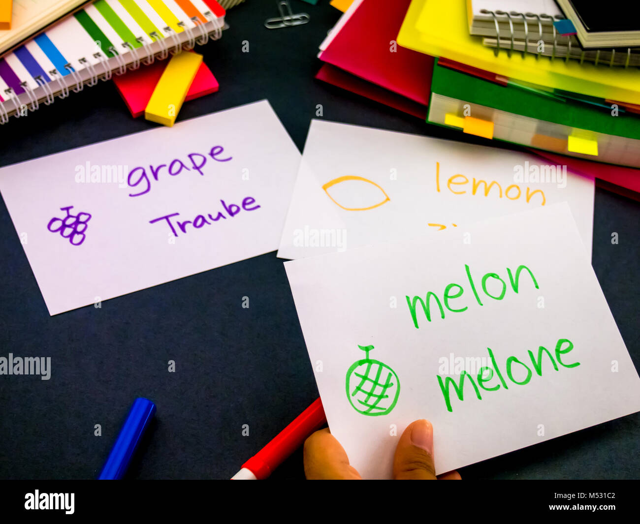 Learning New Language Making Original Flash Cards; German Stock Photo ...