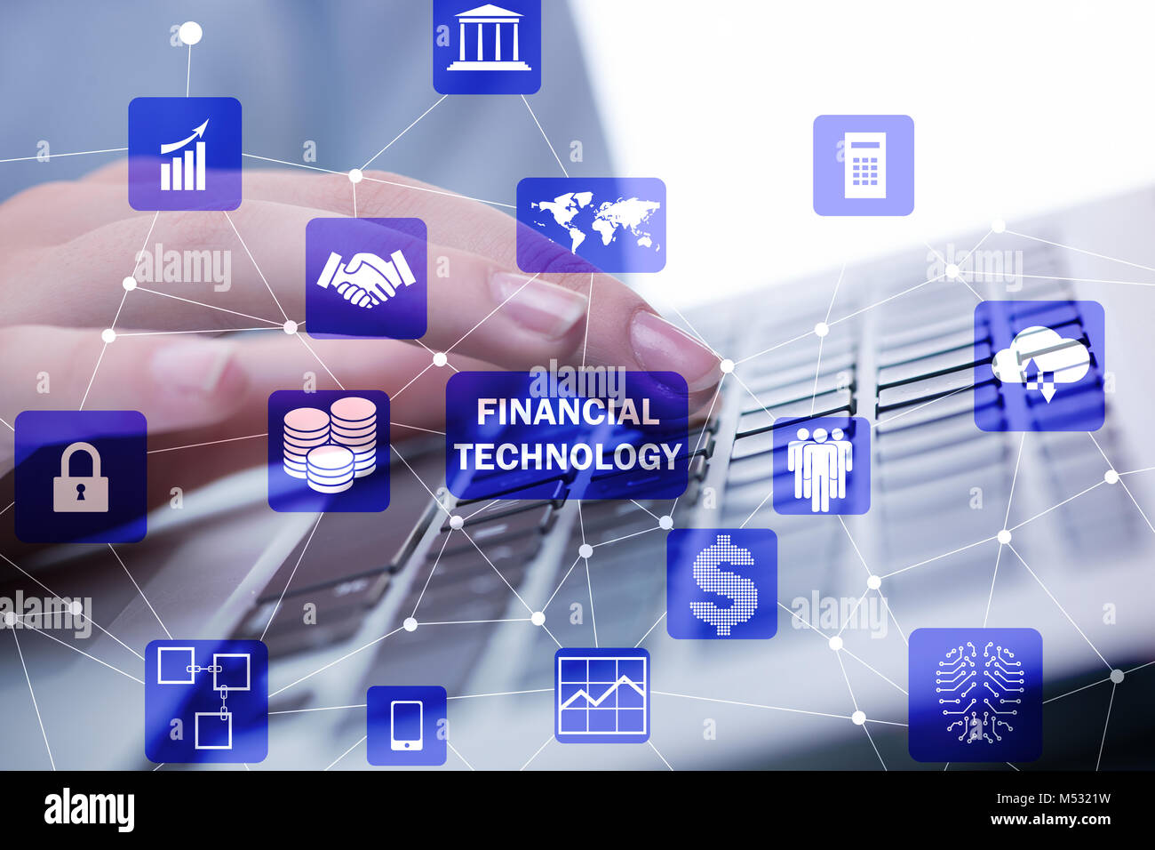 Hands working on laptop in financial technology fintech concept Stock ...