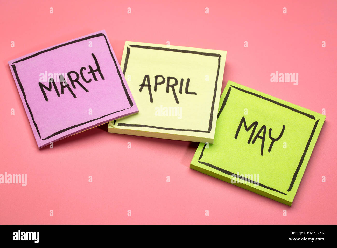 March, April and May - handwriting in black ink on sticky notes against ...