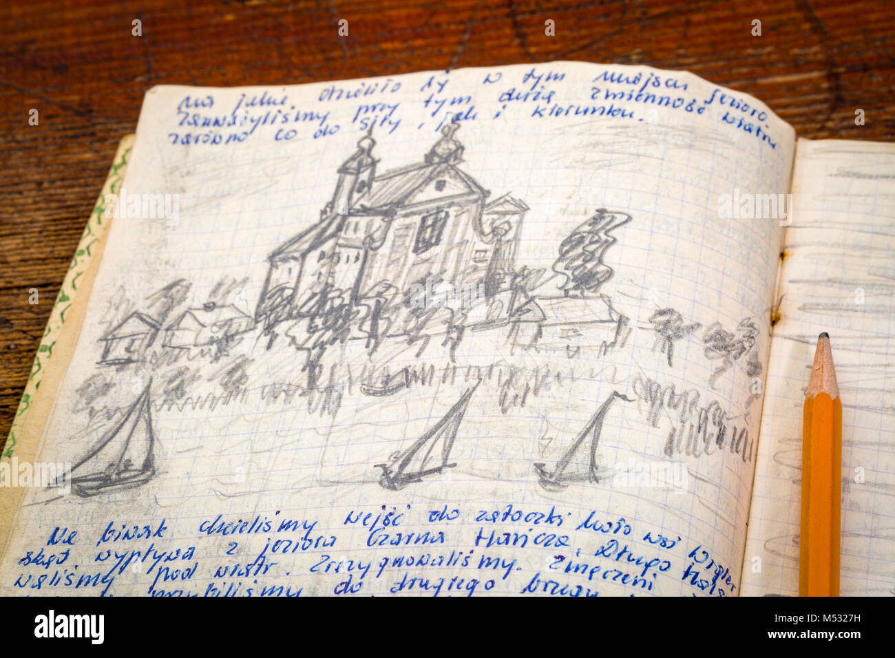 Kayak expedition journal - handwriting and drawing in pencil. Travel ...