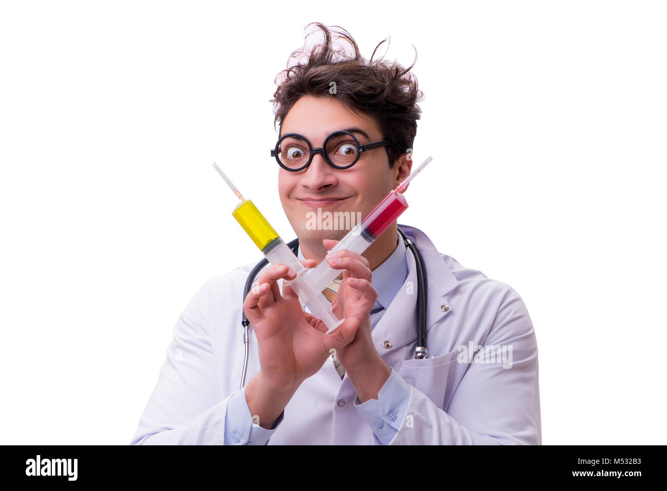 Funny doctor with syringe isolated on white Stock Photo - Alamy