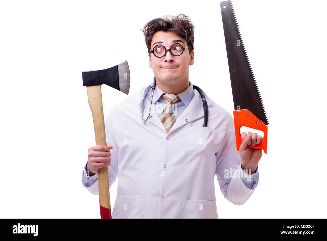 Funny doctor with axe and saw isolated on white Stock Photo - Alamy