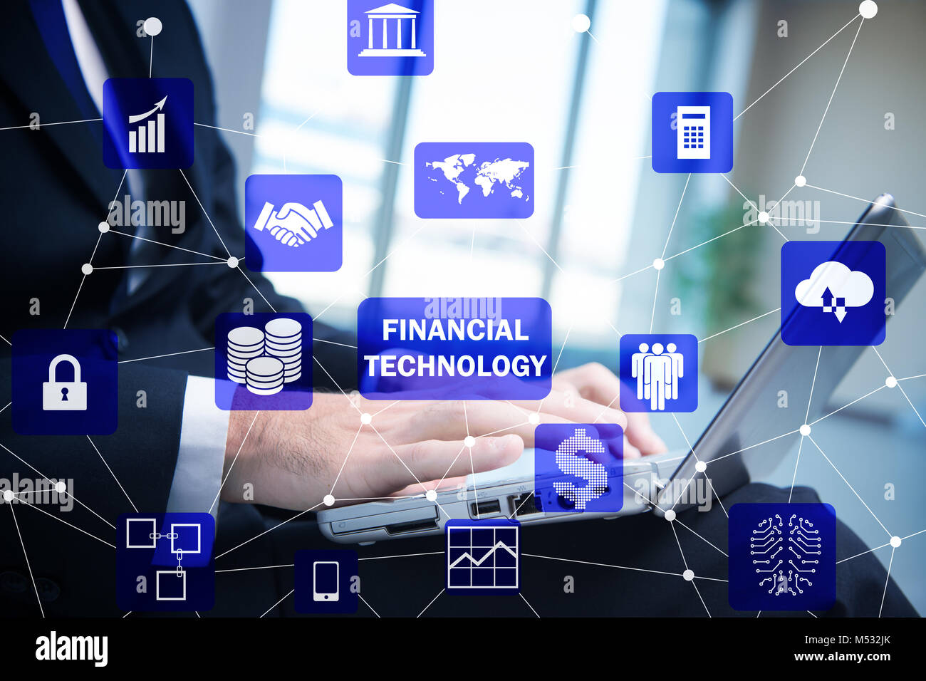 Hands working on laptop in financial technology fintech concept Stock ...