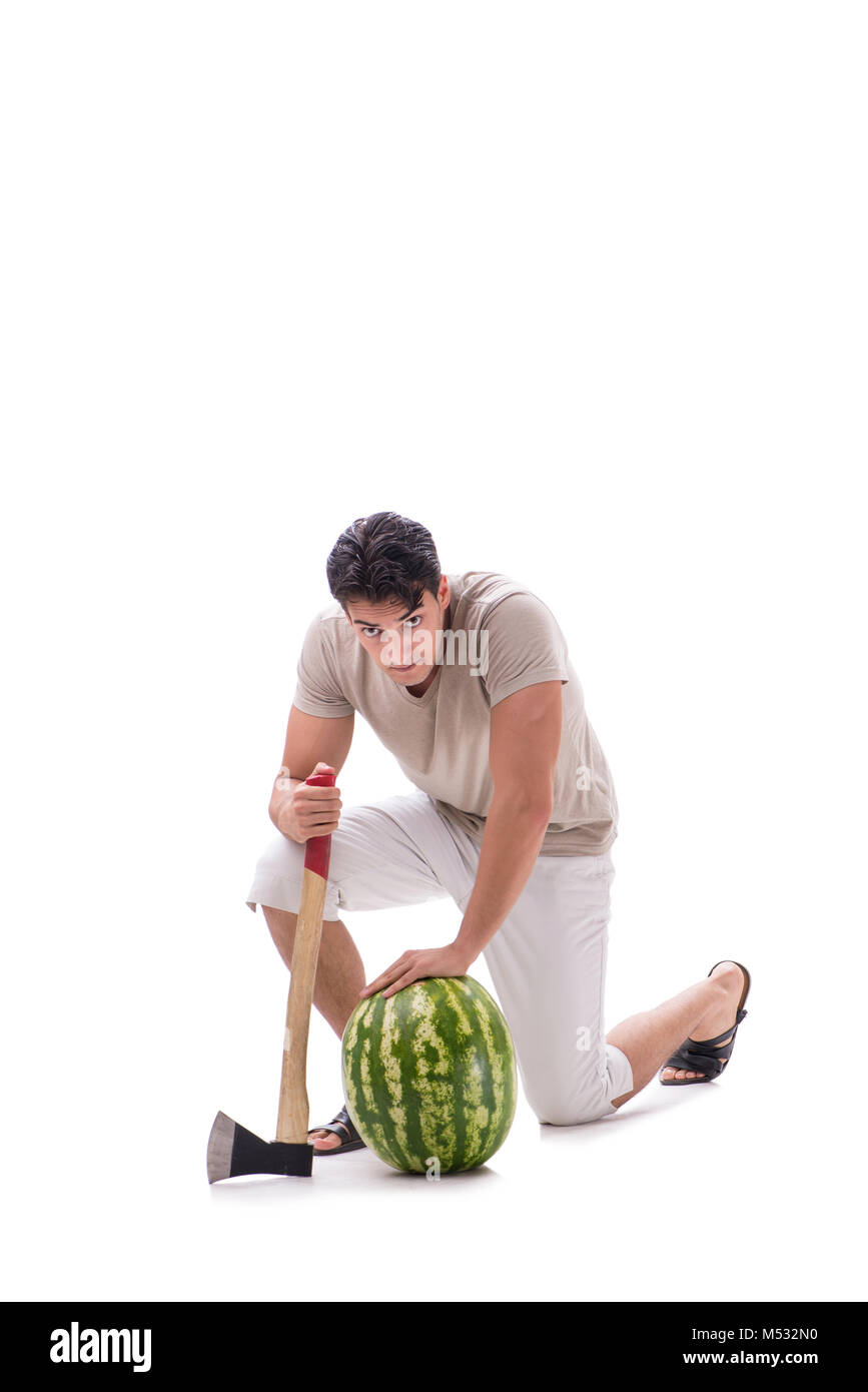 Young man with watermelon isolated on white Stock Photo - Alamy