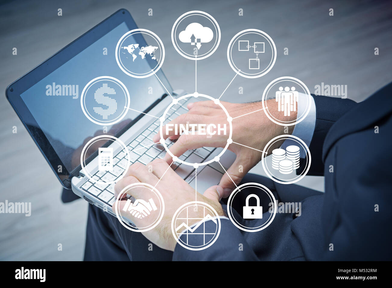 Hands working on laptop in financial technology fintech concept Stock ...