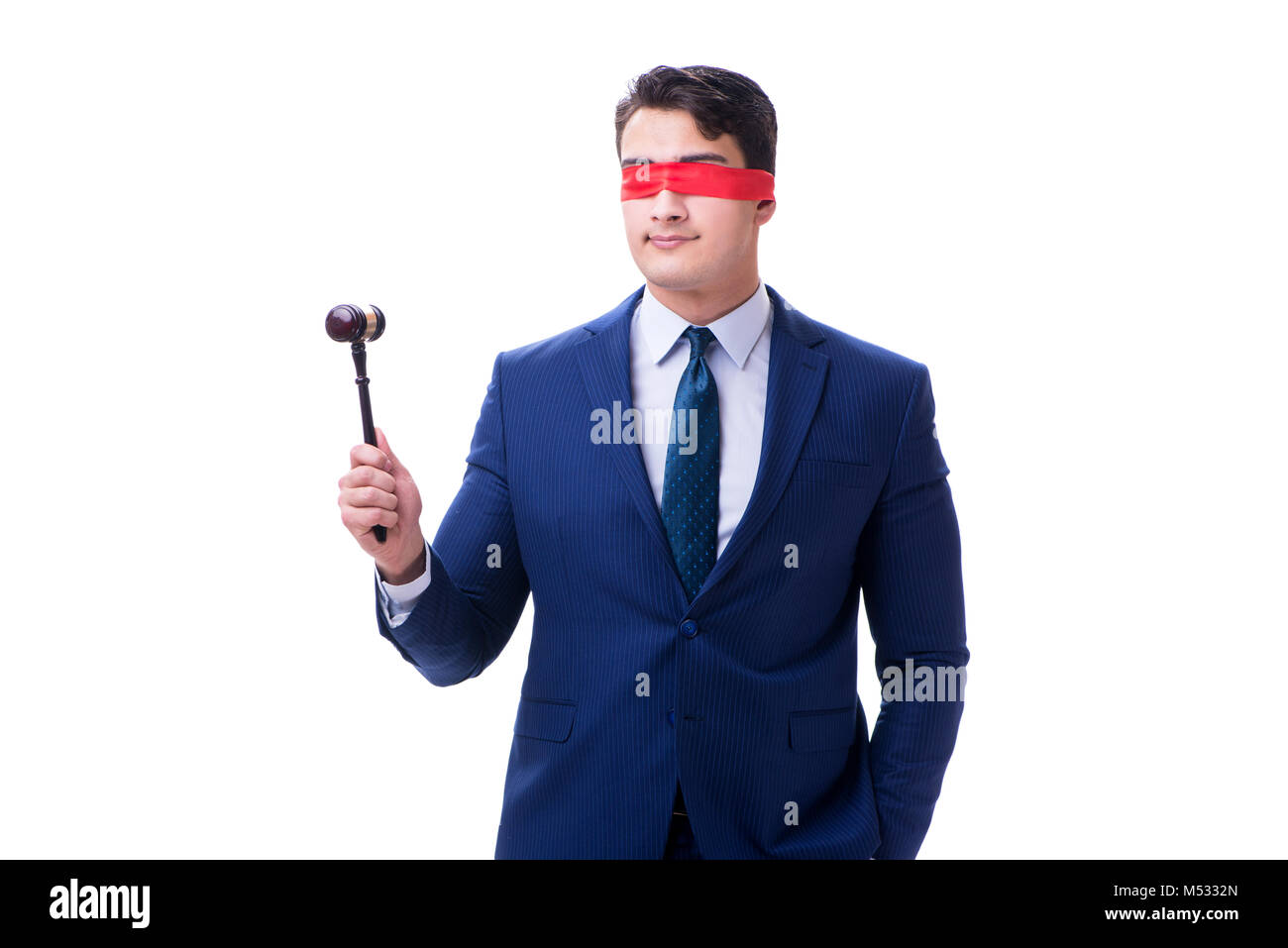 Lawyer with blindfold holding a gavel isolated on white Stock Photo - Alamy