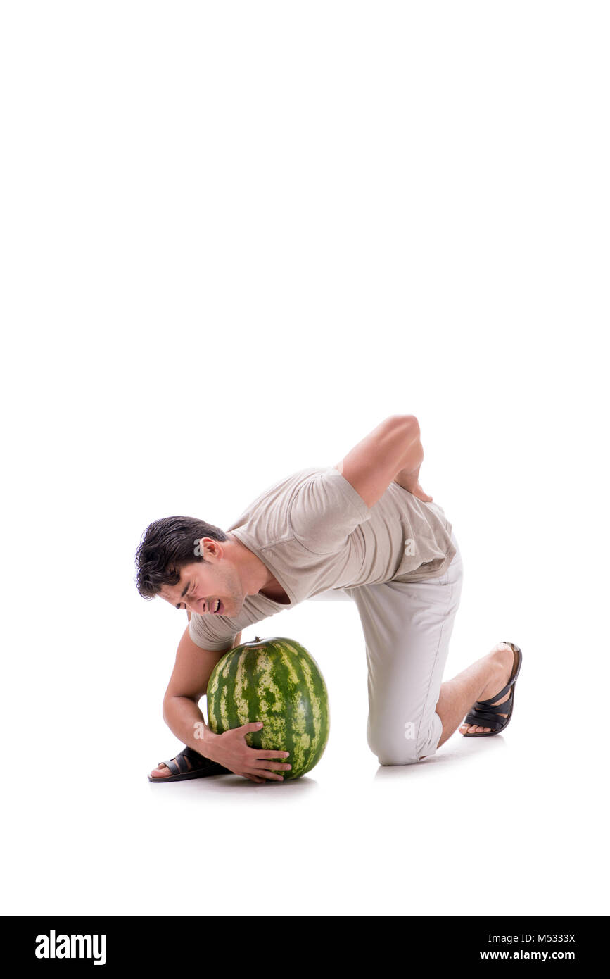 Young man with watermelon isolated on white Stock Photo - Alamy