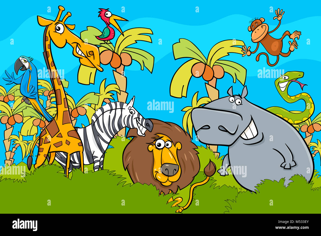 cartoon safari wild animal characters group Stock Photo - Alamy