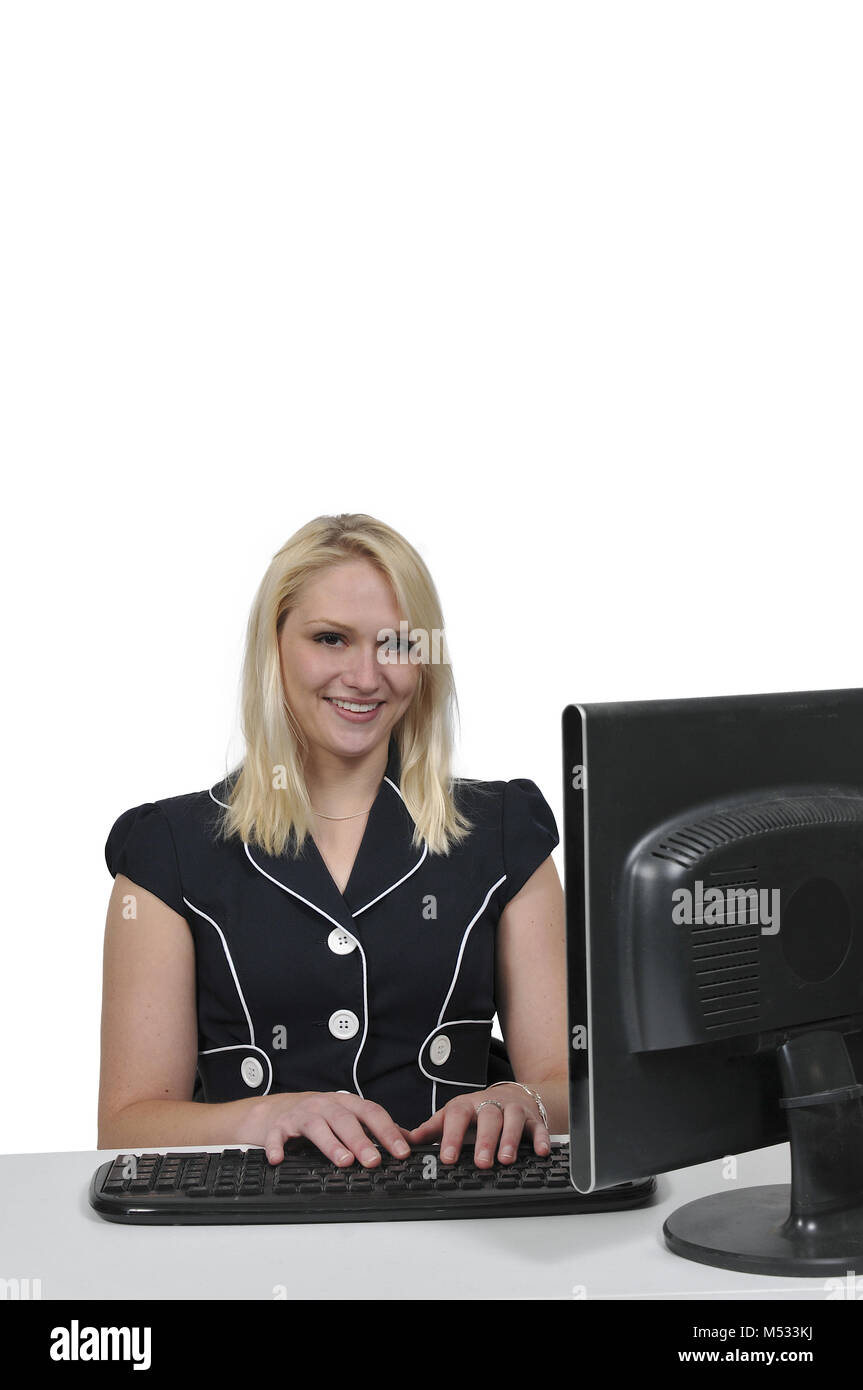 Woman on desktop computer Stock Photo - Alamy