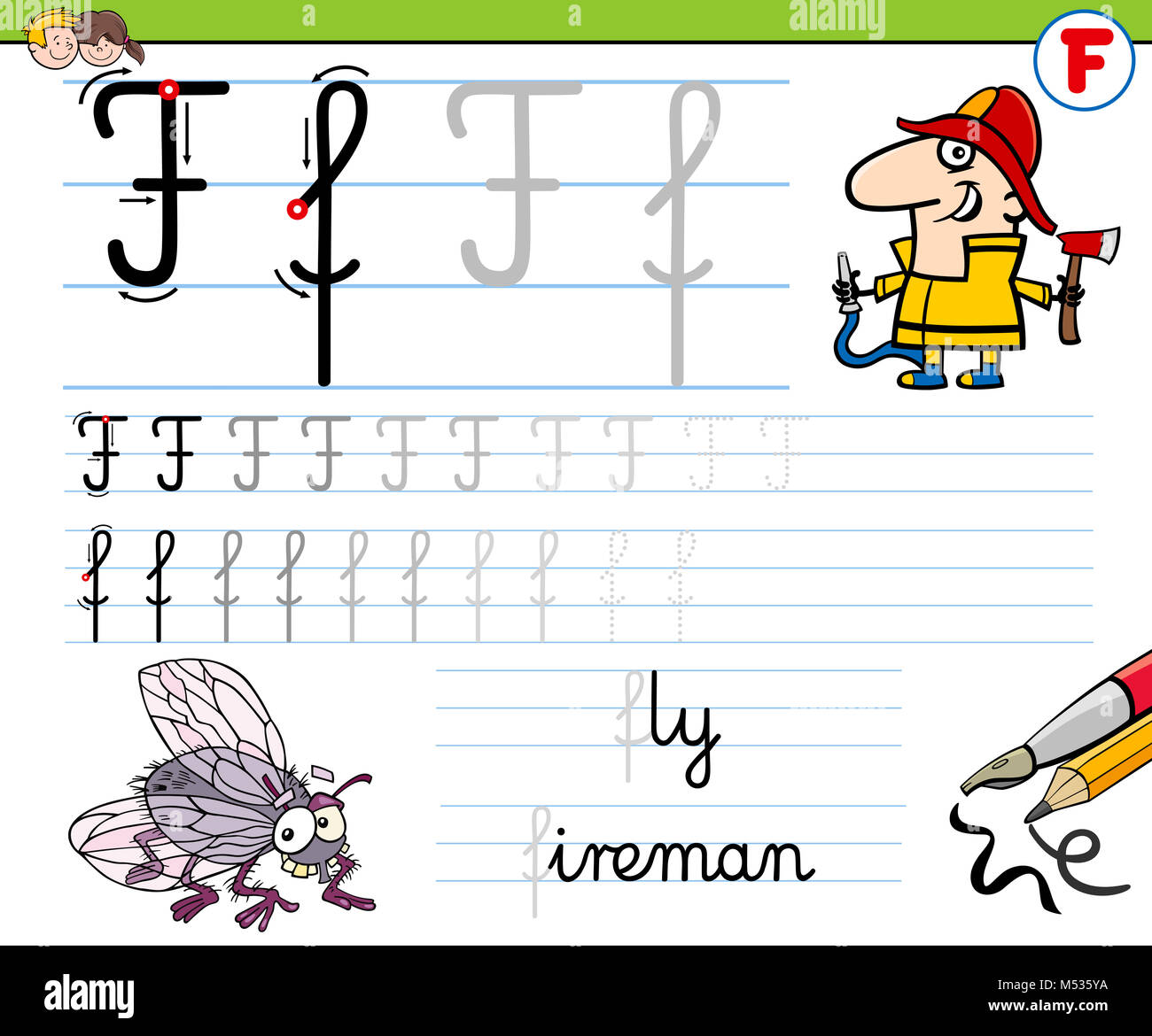 how to write letter F worksheet for kids Stock Photo - Alamy