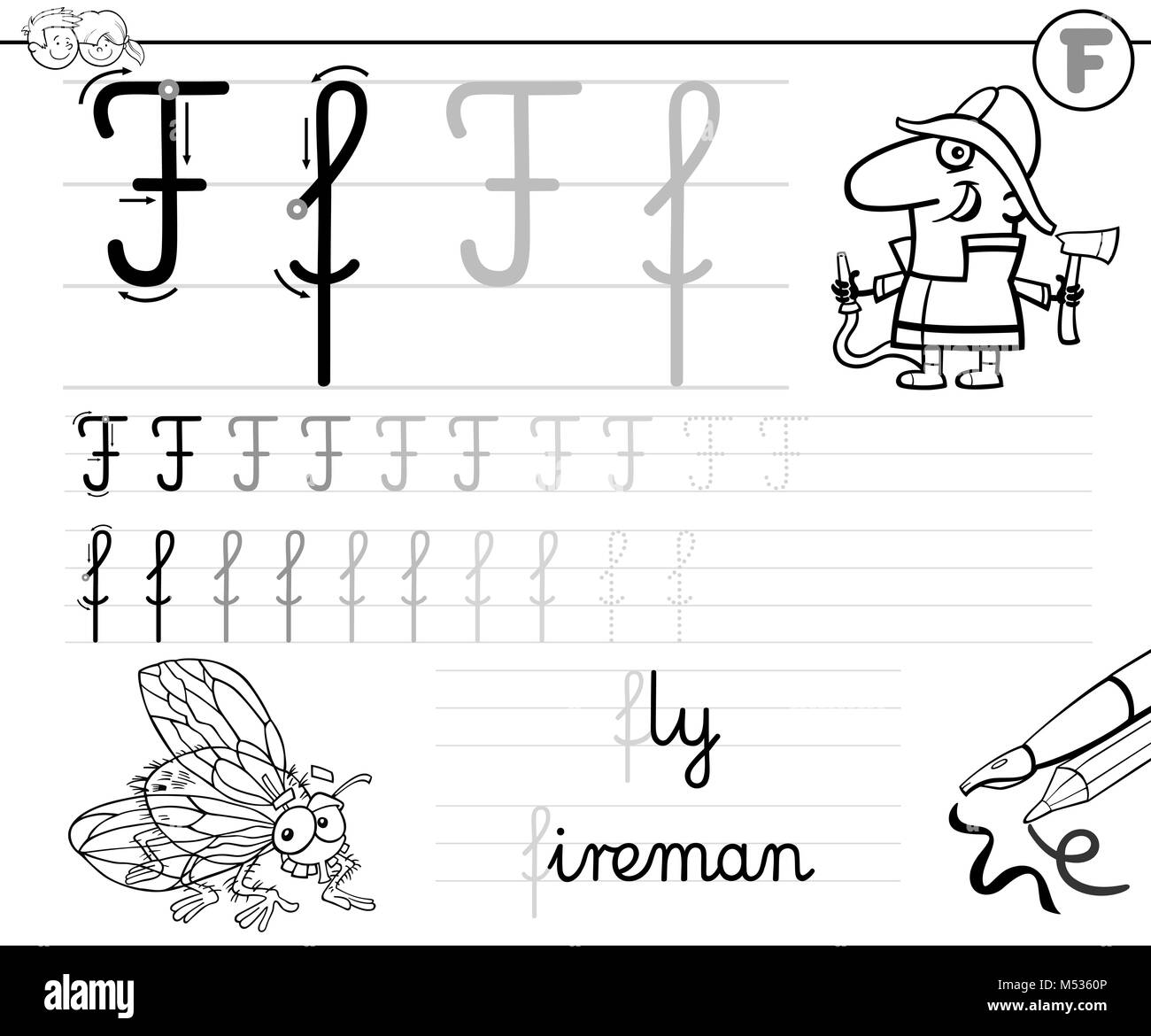 learn to write letter F workbook for kids Stock Photo - Alamy