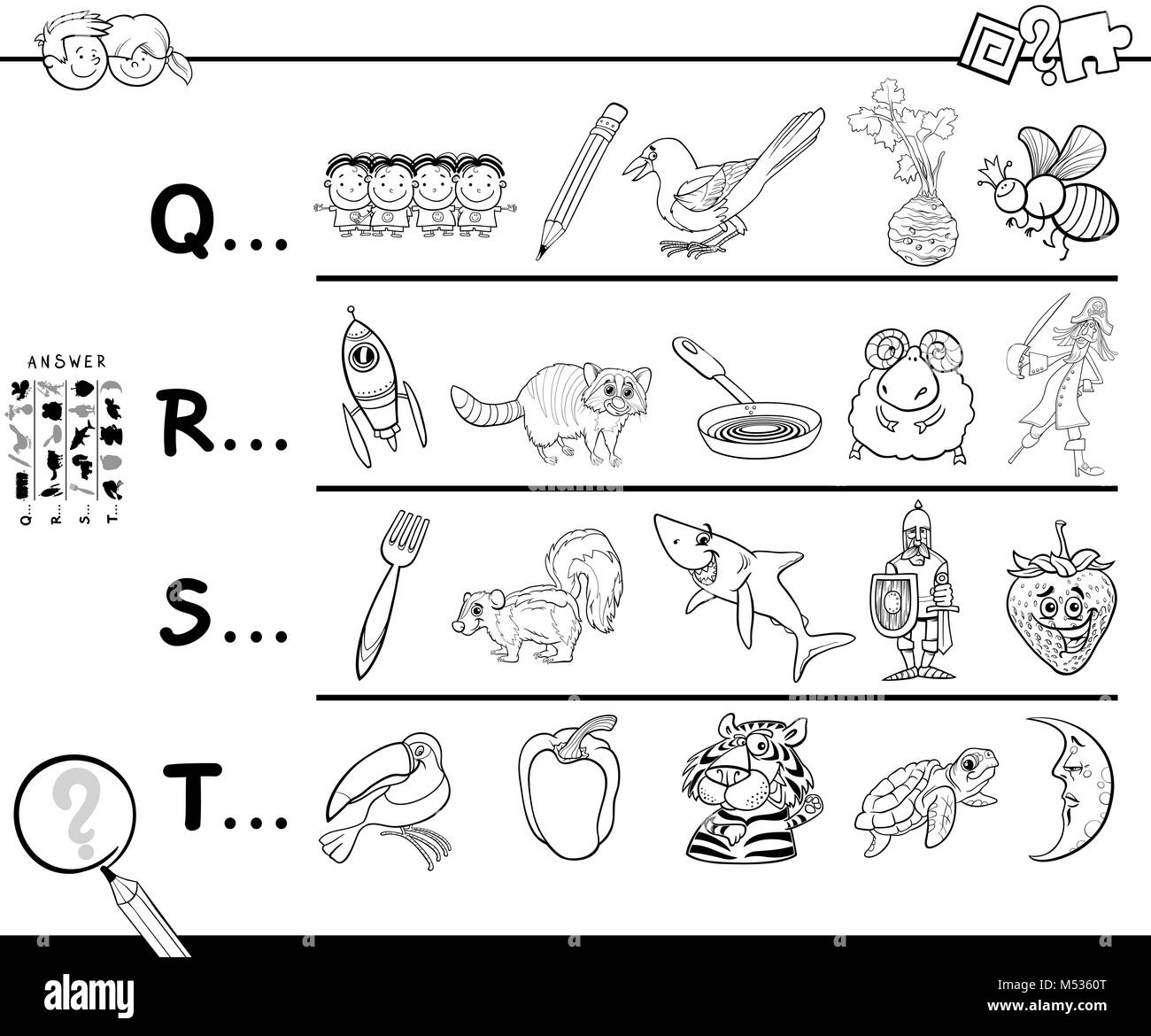 first letter of a word coloring book game Stock Photo - Alamy