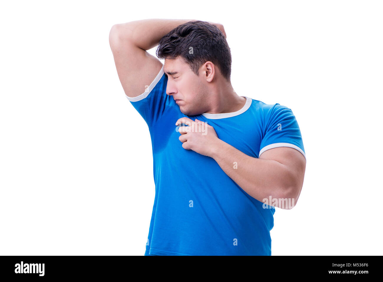 Man sweating excessively smelling bad isolated on white backgrou Stock ...