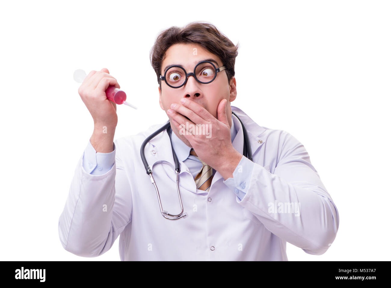 Funny doctor with syringe isolated on white Stock Photo - Alamy