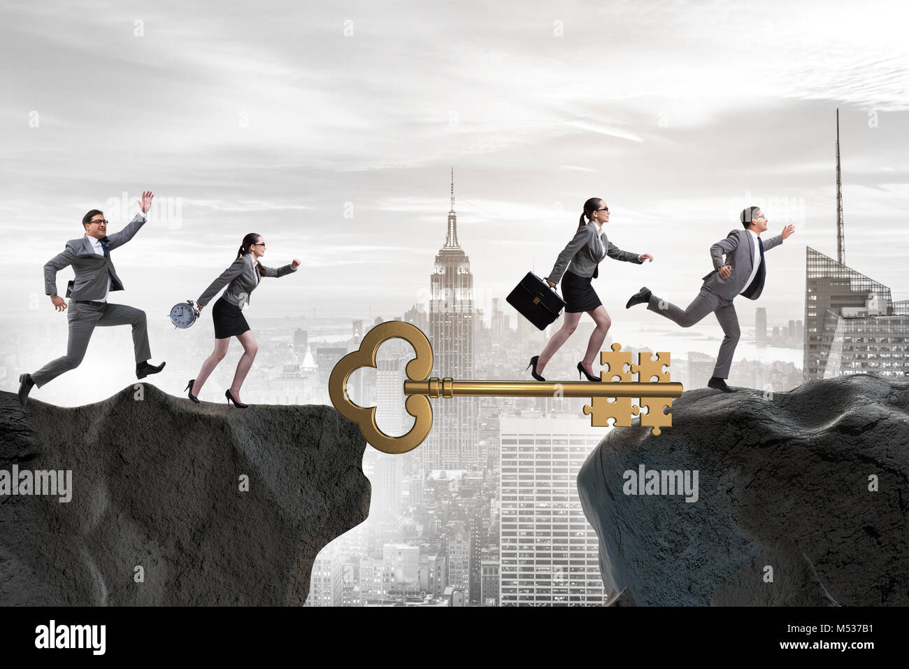 Business people chasing each other towards key to success Stock Photo ...
