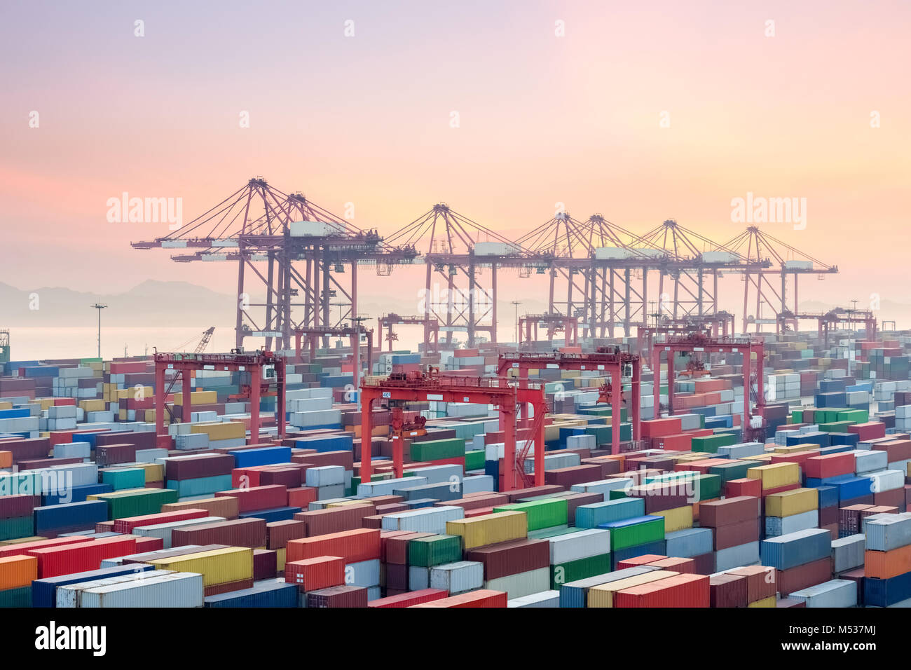 container terminal in sunset Stock Photo - Alamy